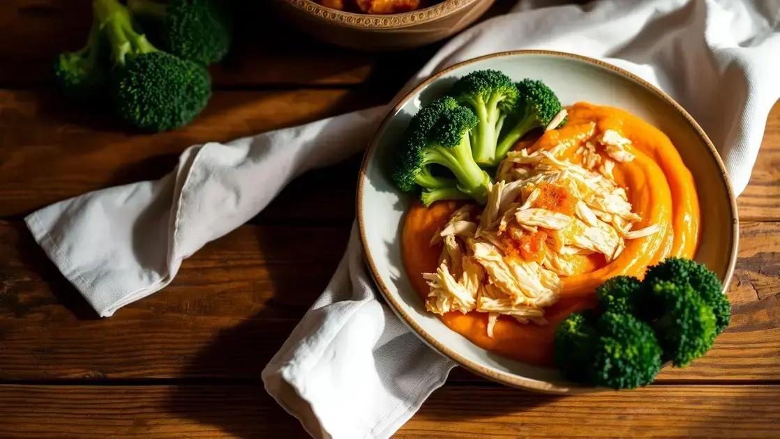 Frango desfiado com purê de batata-doce e brócolis: receita leve e reconfortante
